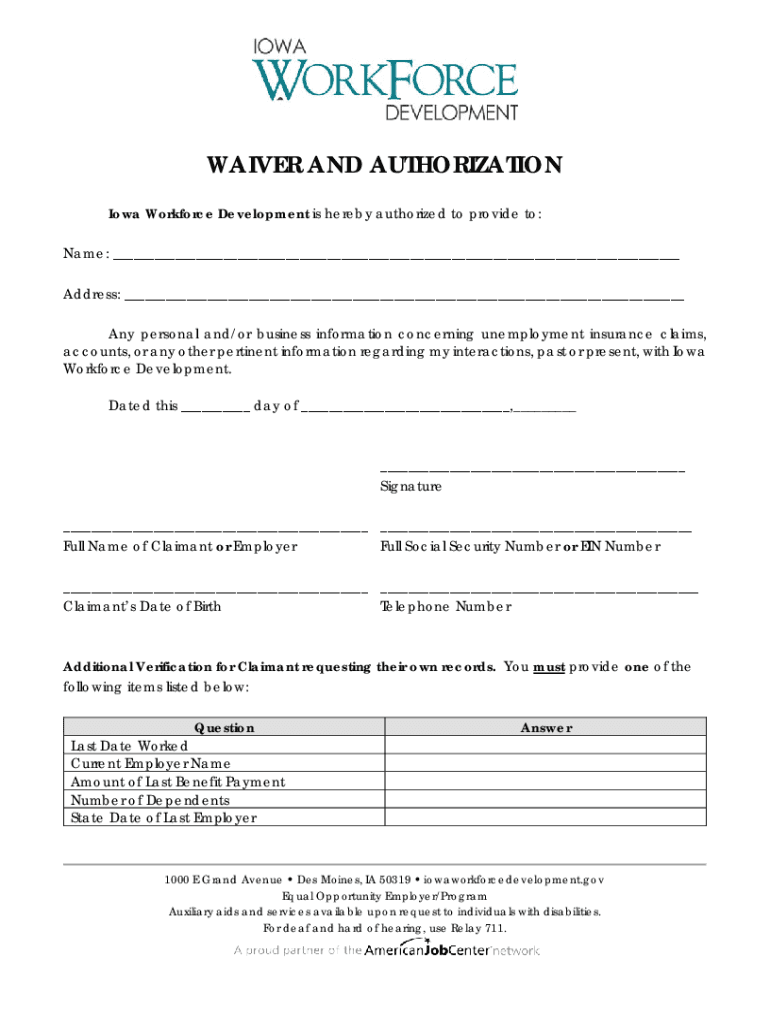 Fillable Online WAIVER AND AUTHORIZATION - Iowa Workforce Development ...