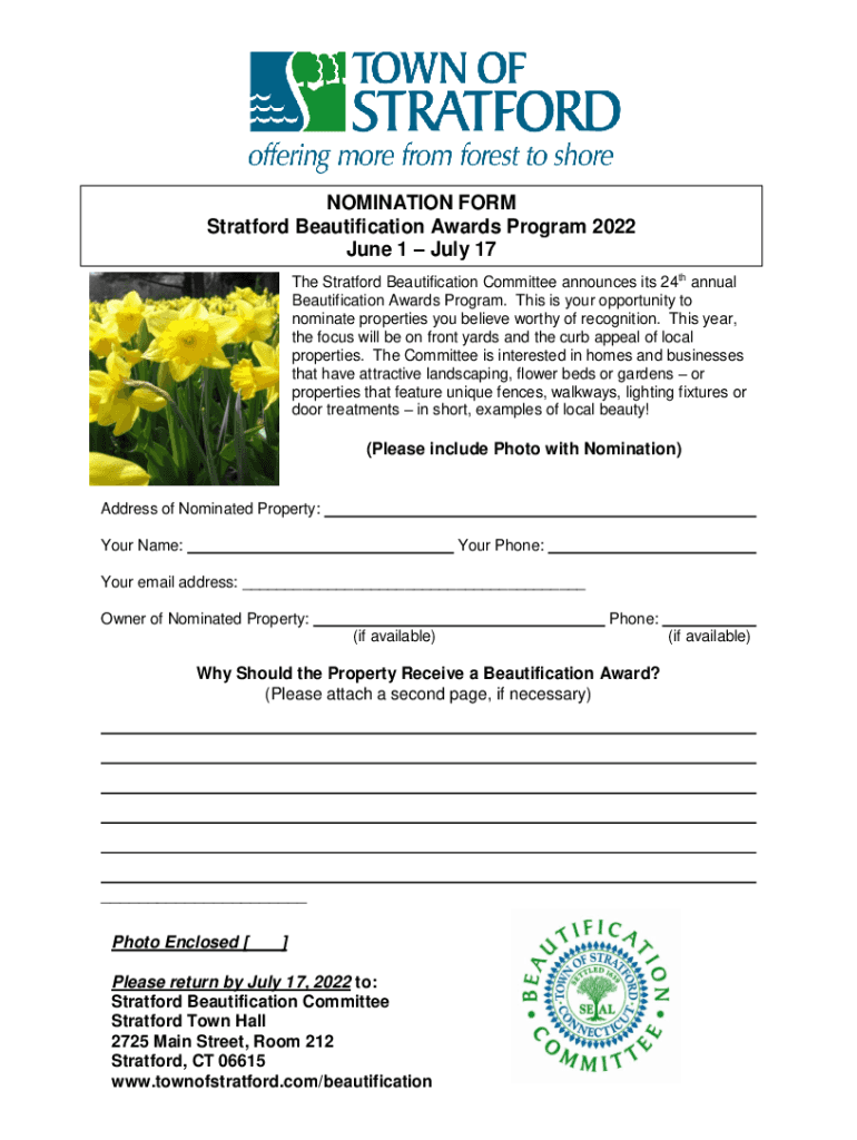 Fillable Online NOMINATION FORM Stratford Beautification Awards Program ...