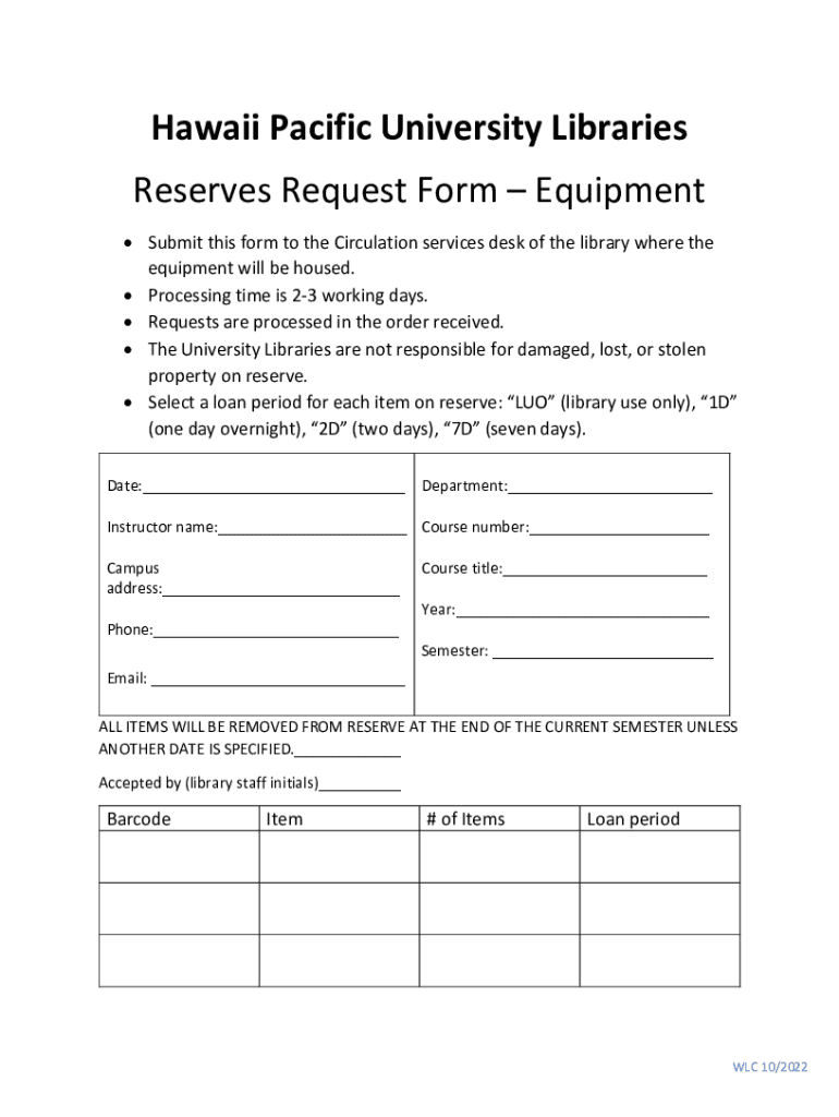 Fillable Online Hawaii Pacific University Libraries Reserves Request ...