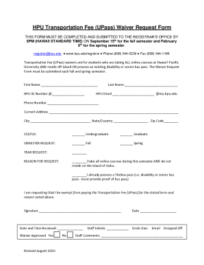 Fillable Online HPU Transportation Fee (UPass) Waiver Request Form Fax ...