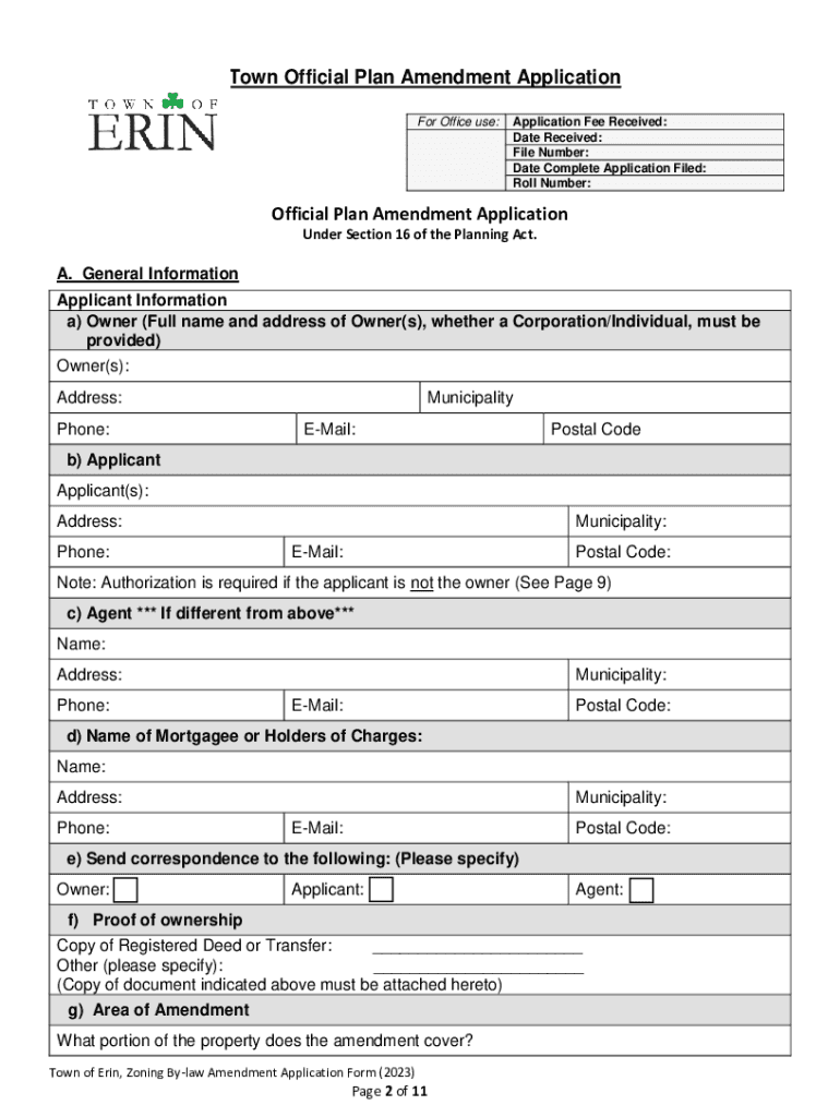 Fillable Online Town Official Plan Amendment Application Form - Town of Erin Fax Email Print ...