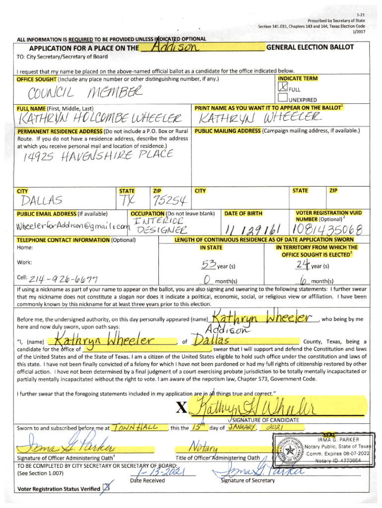 Fillable Online Application For A Place On The General Election Ballot ...