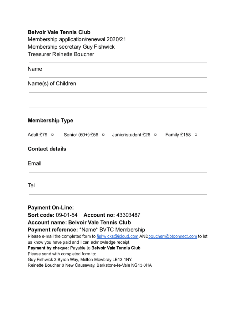Fillable Online Belvoir Vale Tennis Club Membership Form Fax Email ...