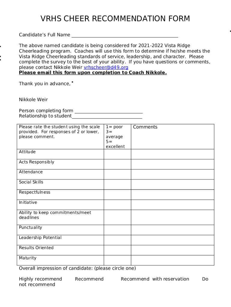 Peachtree Ridge Cheerleading Teacher Recommendation Doc Template ...