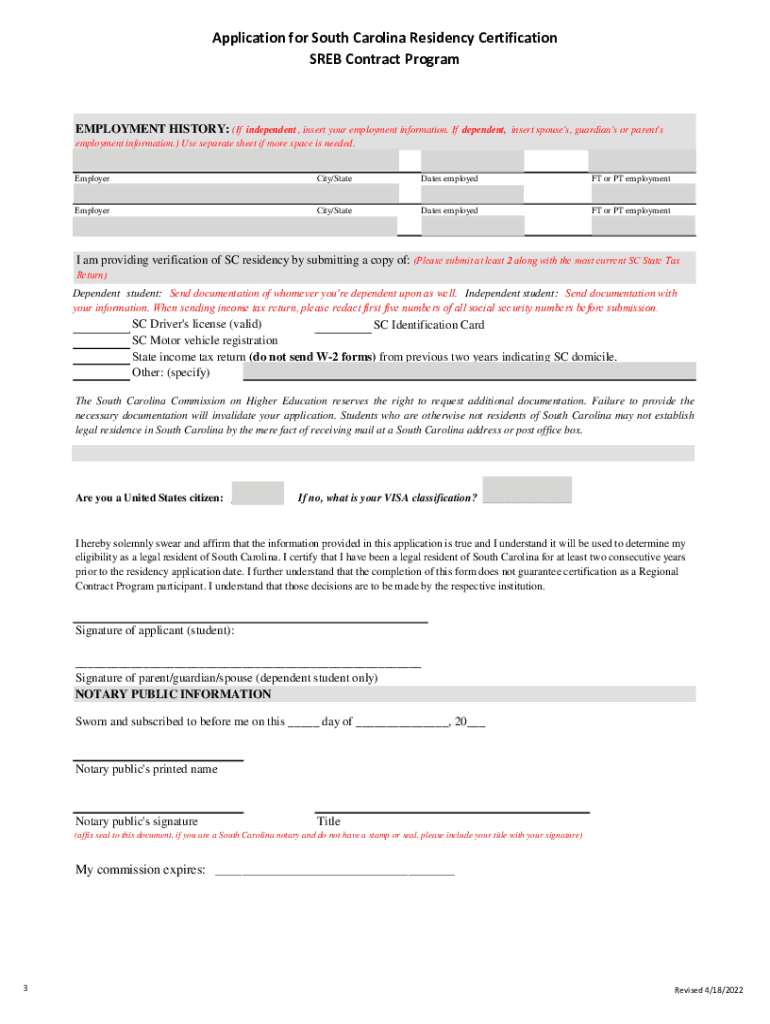 Fillable Online che sc Residency Certification Form - University of ...
