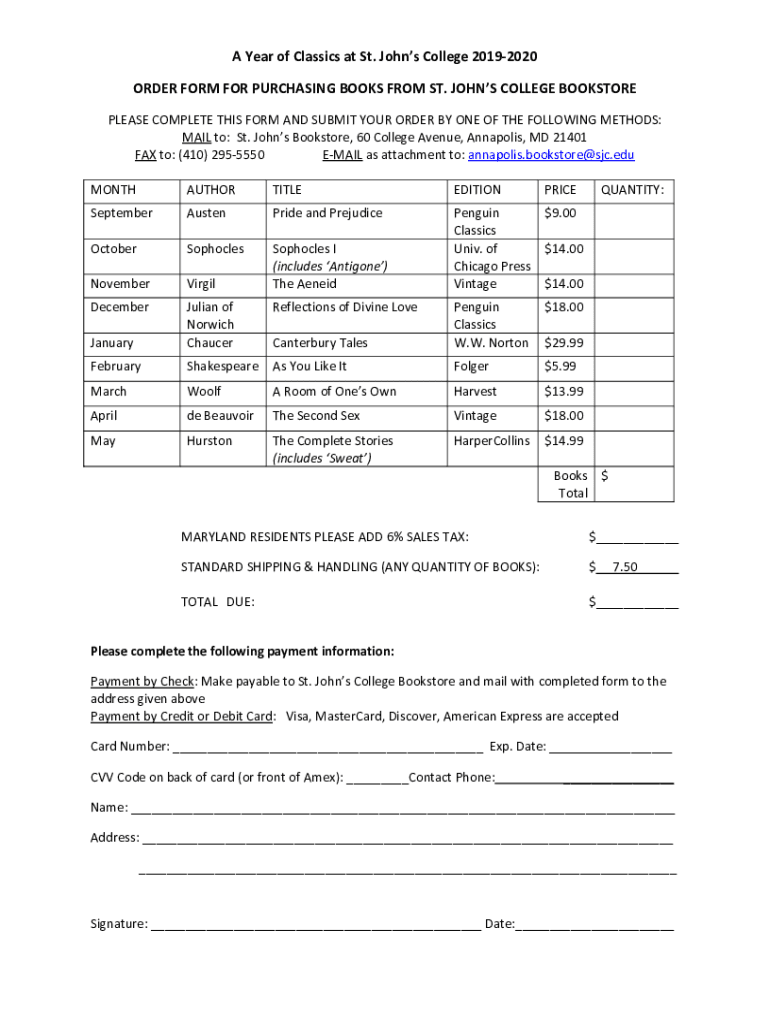Fillable Online A Year of Classics Bookstore Order Form - St. John's College Fax Email Print ...