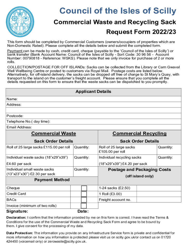 Fillable Online Commercial Waste and Recycling Sack Request Form ...