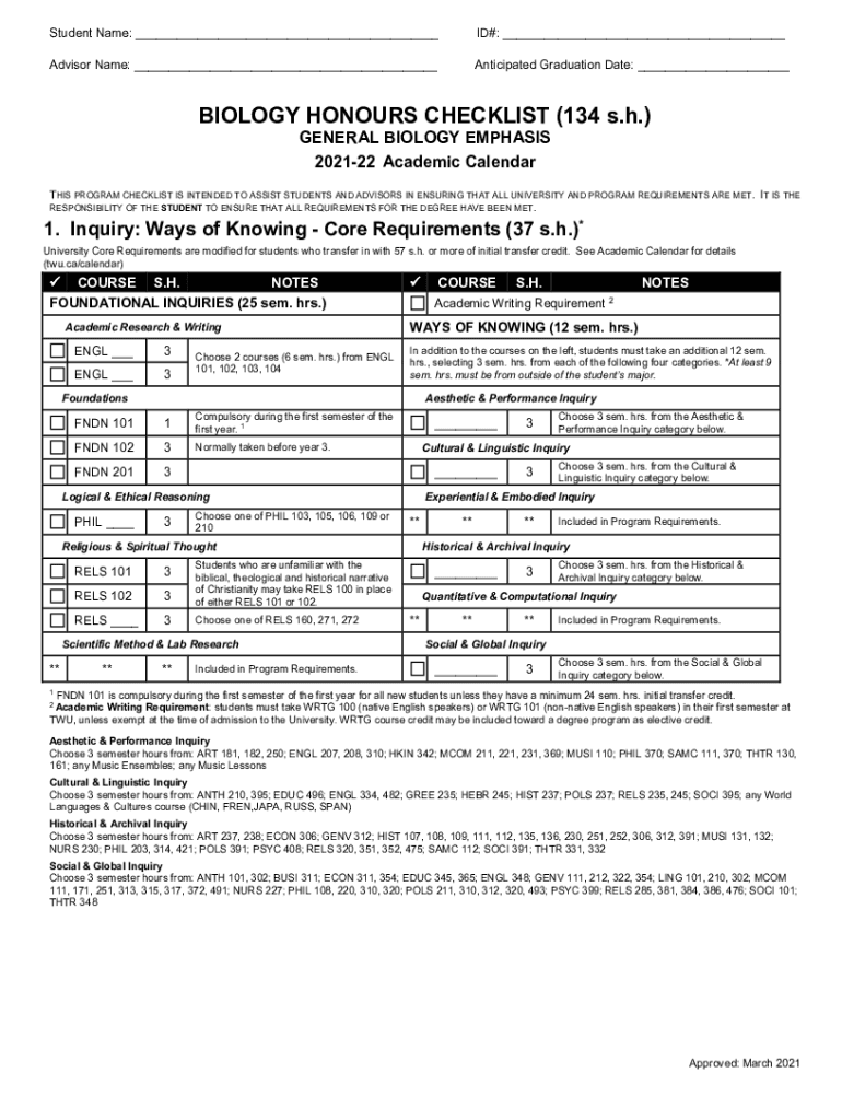 Fillable Online BIOLOGY HONOURS CHECKLIST (134 sh) Fax Email Print ...