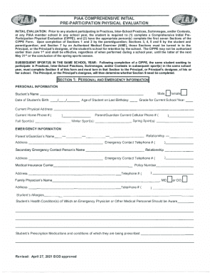 Fillable Online piaa comprehensive initial pre-participation physical ...