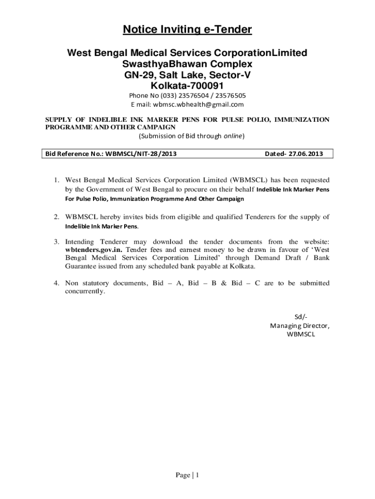 Fillable Online Notice Inviting e-Tender Amendment-XII - WB Health Fax ...