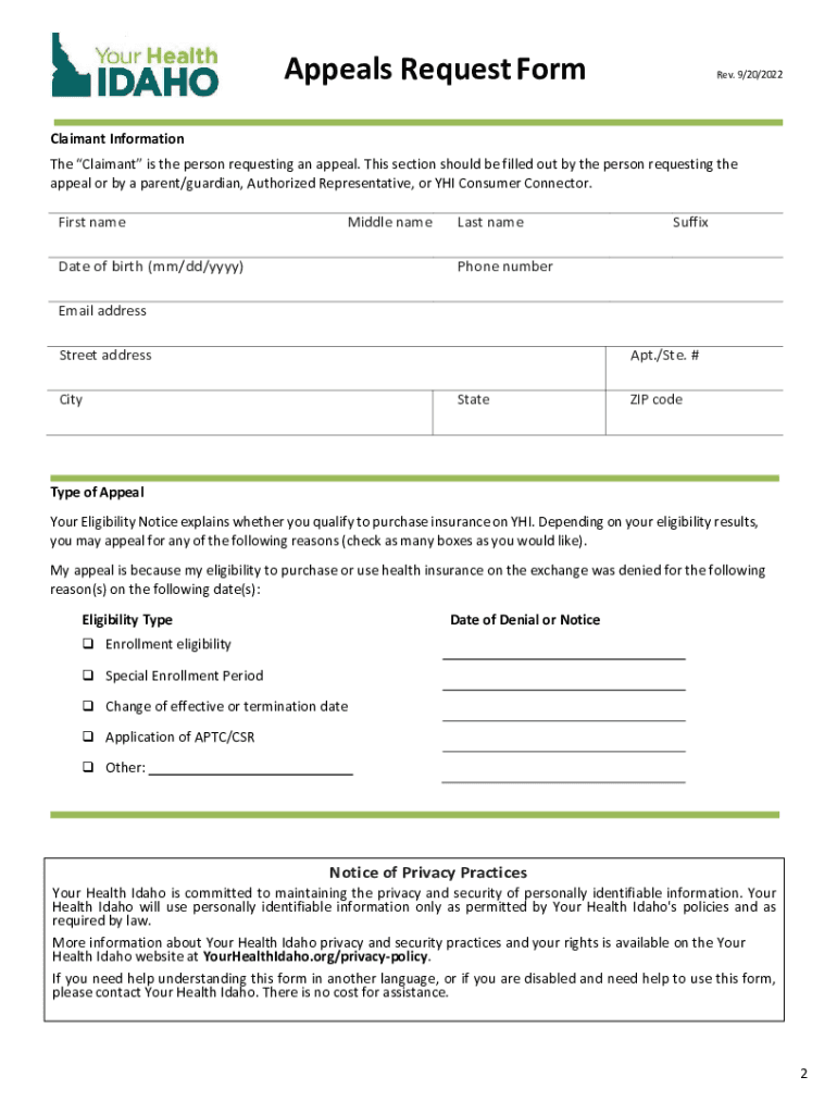 Fillable Online Appeals Request FormYour Health Idaho Fax Email Print ...