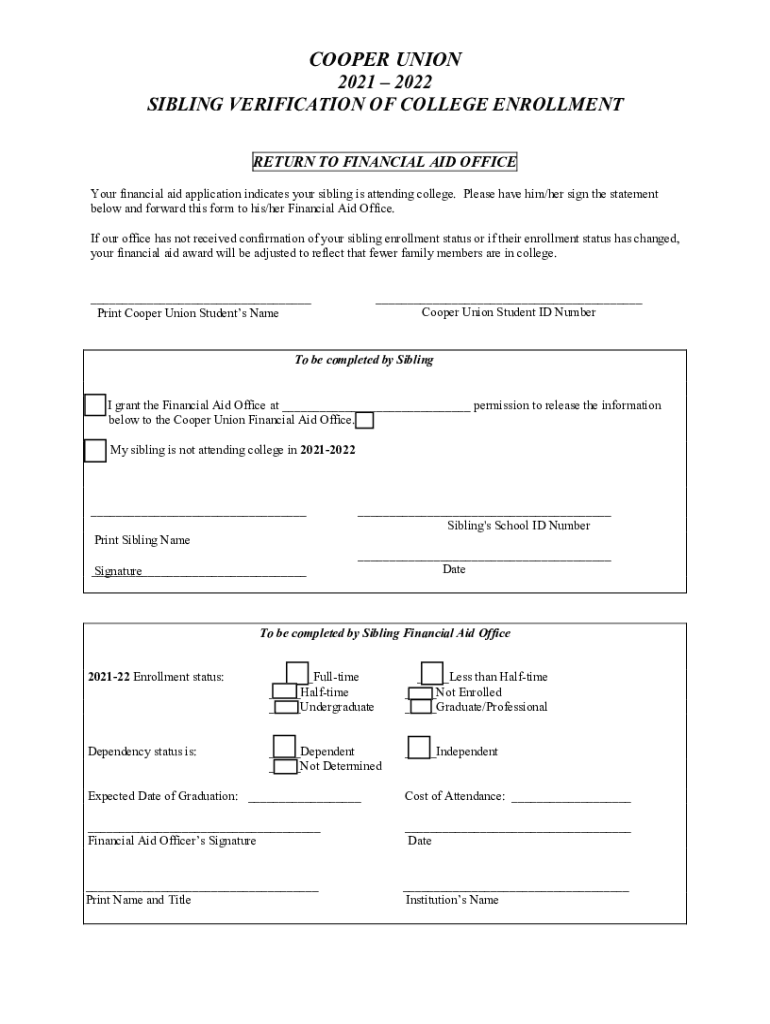 Fillable Online 2021-2022 sibling college enrollment verification form ...