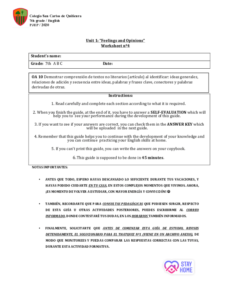 Fillable Online Unit 1: Feelings and Opinions Worksheet n7 Student's name ... Fax Email Print ...