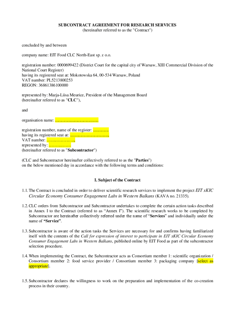 Fillable Online Subcontract Agreement - EIT Food Fax Email Print - pdfFiller