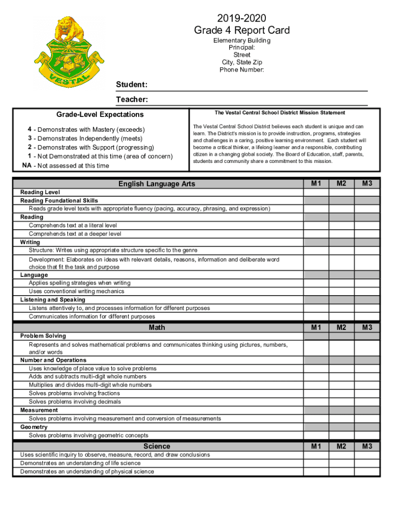 Fillable Online Sample 2019-20 Report Card. Sample Fourth-grade Report ...
