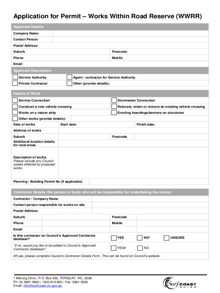 Fillable Online Works Within Road Reserves FormMelton City Council Fax ...