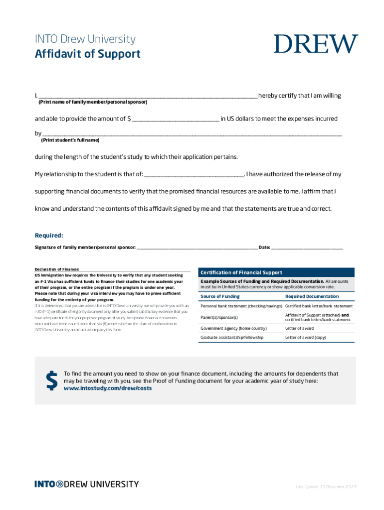 Fillable Online Sponsor's Affidavit of Free Room and Board - Drew ...