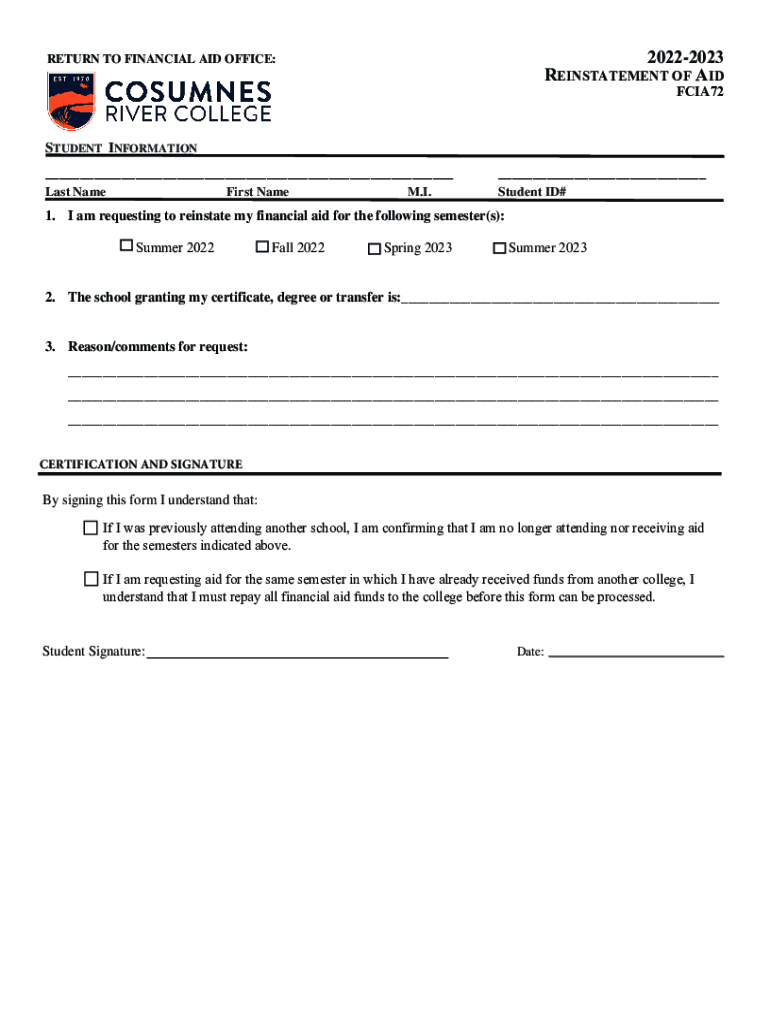 Fillable Online crc losrios If you are requesting a financial aid school change within the ...