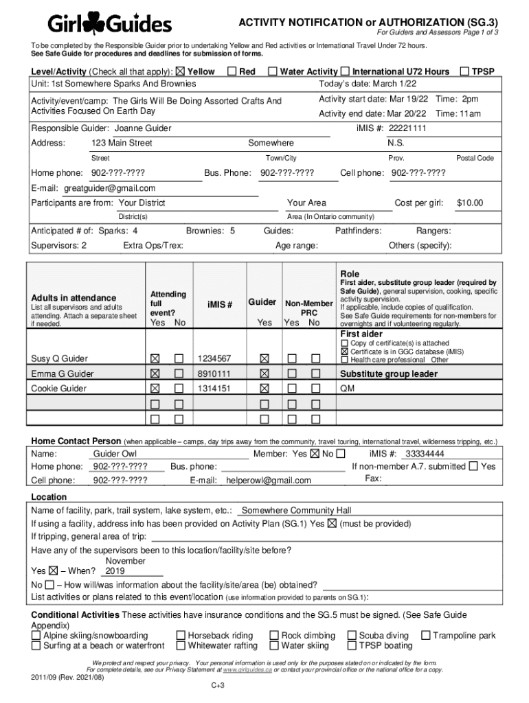Fillable Online ACTIVITY NOTIFICATION Or AUTHORIZATION (SG.3) - Forms Fax Email Print - pdfFiller
