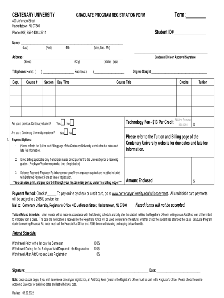 Fillable Online Graduate Program Registration Form - Centenary University Fax Email Print ...