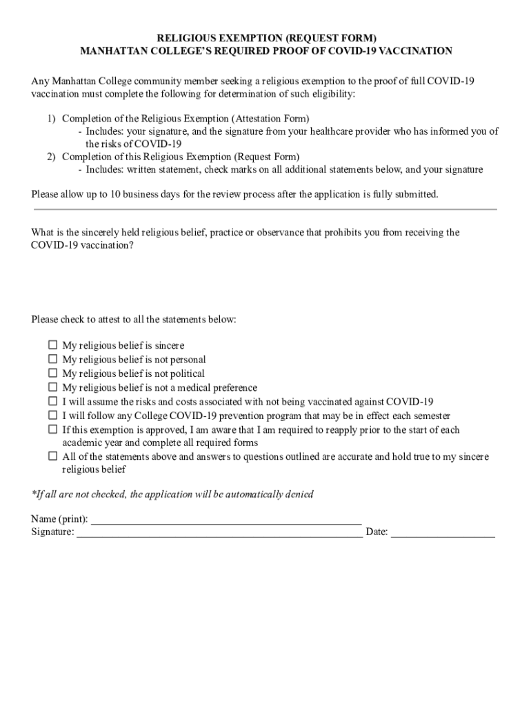 Fillable Online Student & Employee - Religious Exemption (Request Form ...