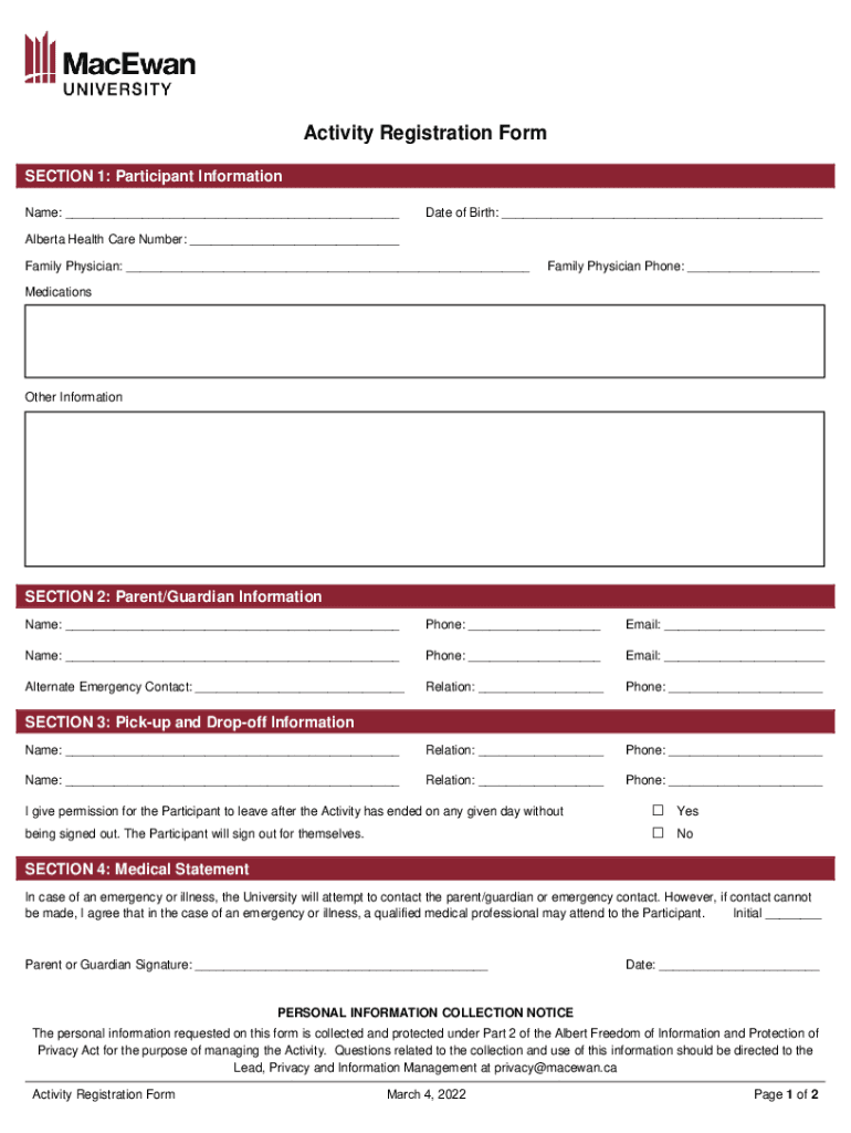 Fillable Online Activity Registration Form - MacEwan University. Activity Registration Form ...