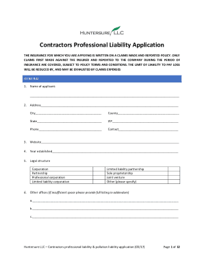 Fillable Online Contractors Professional Liability ApplicationHuntersure Fax Email Print - pdfFiller