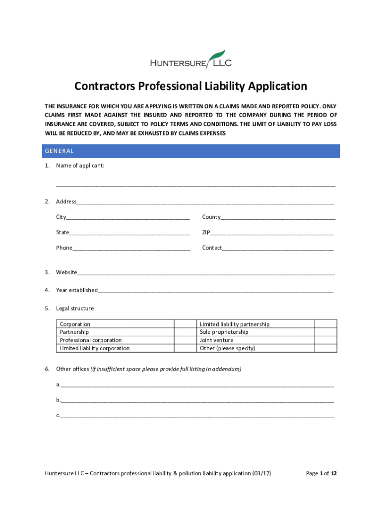Fillable Online Contractors Professional Liability ApplicationHuntersure Fax Email Print - pdfFiller