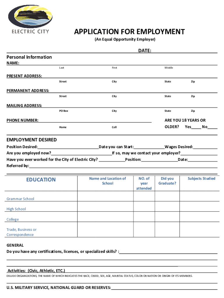 Fillable Online Employment Application Form Date Name (Last) (First ...