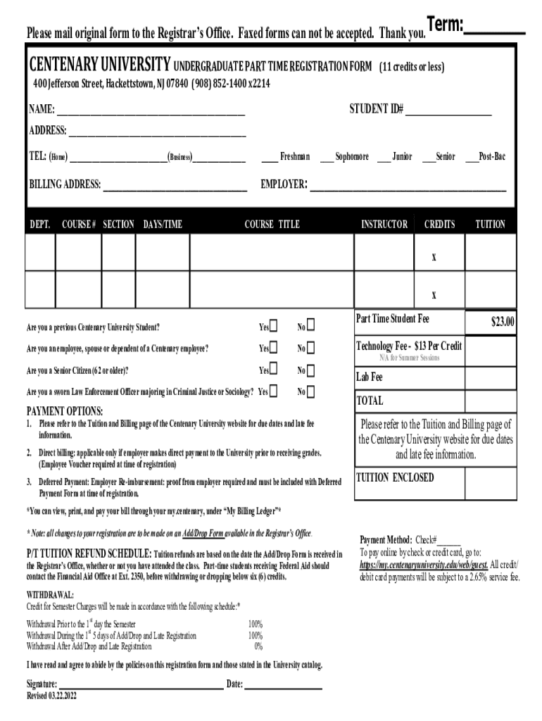 Fillable Online CENTENARY UNIVERSITY FULL TIME REGISTRATION FORM Fax ...