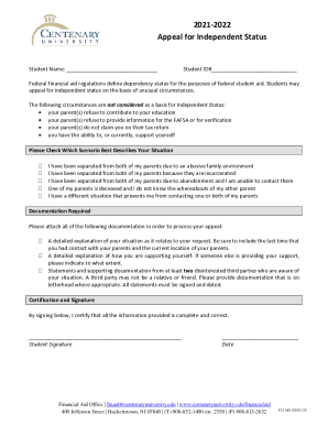 Fillable Online Appeal to Dependency Status for 2021-2022 Award Year ...