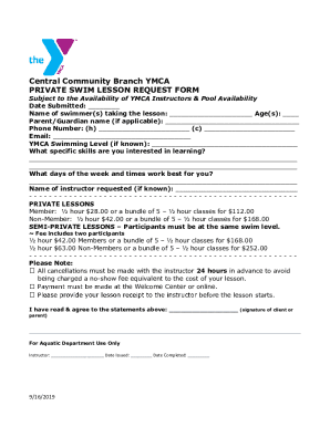 Fillable Online Central Community Branch YMCA PRIVATE SWIM LESSON ...