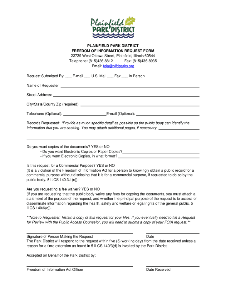 Fillable Online Freedom of Information Request Form - Plainfield Park District Fax Email Print ...