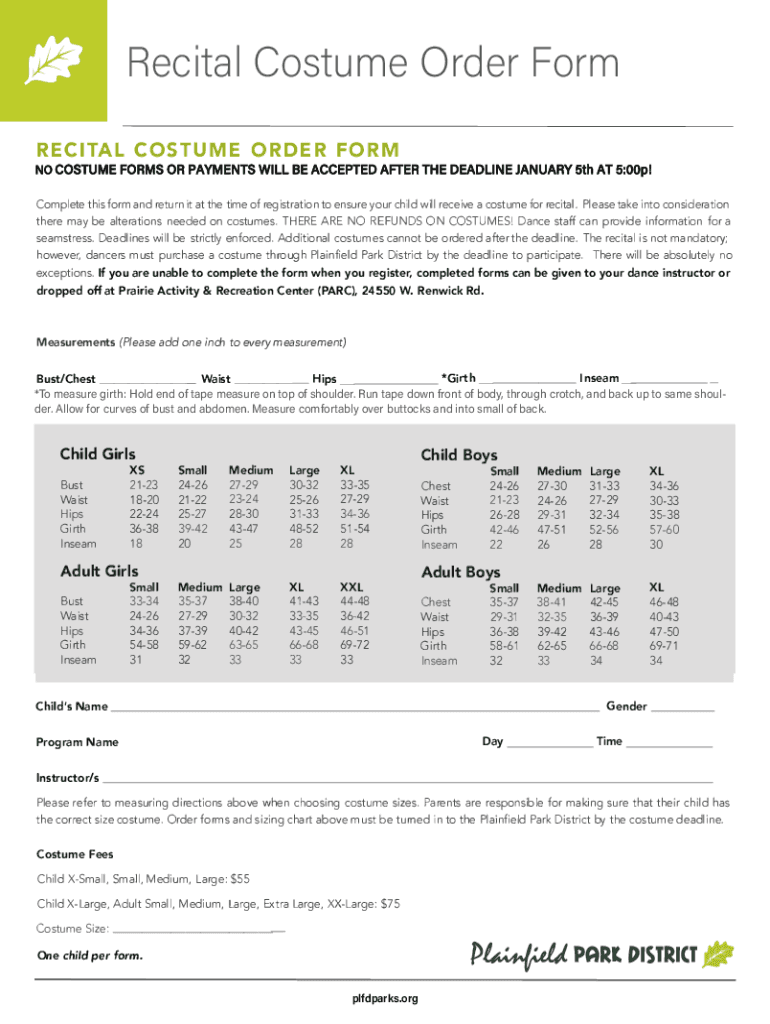 Fillable Online Recital Costume Order Form - Star Dance Studio Fax ...