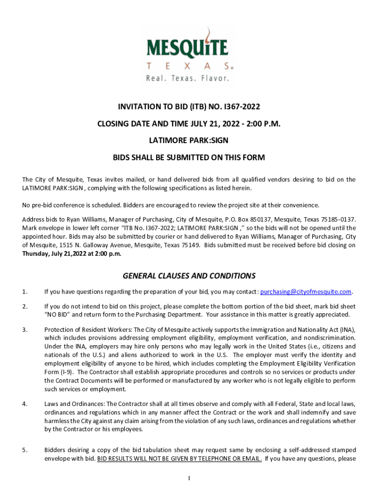 Fillable Online INVITATION TO BID (ITB) NO. I367-2022 CLOSING DATE AND ... Fax Email Print ...