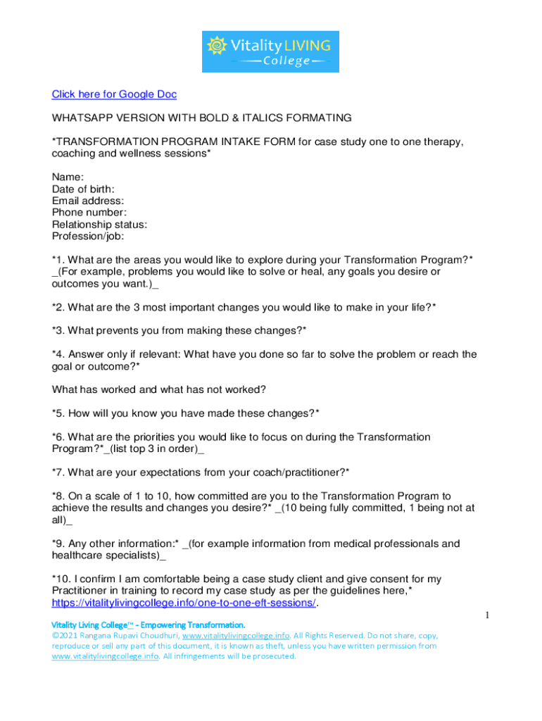 Fillable Online WhatsApp EFT Transformation Program Intake Form For ...