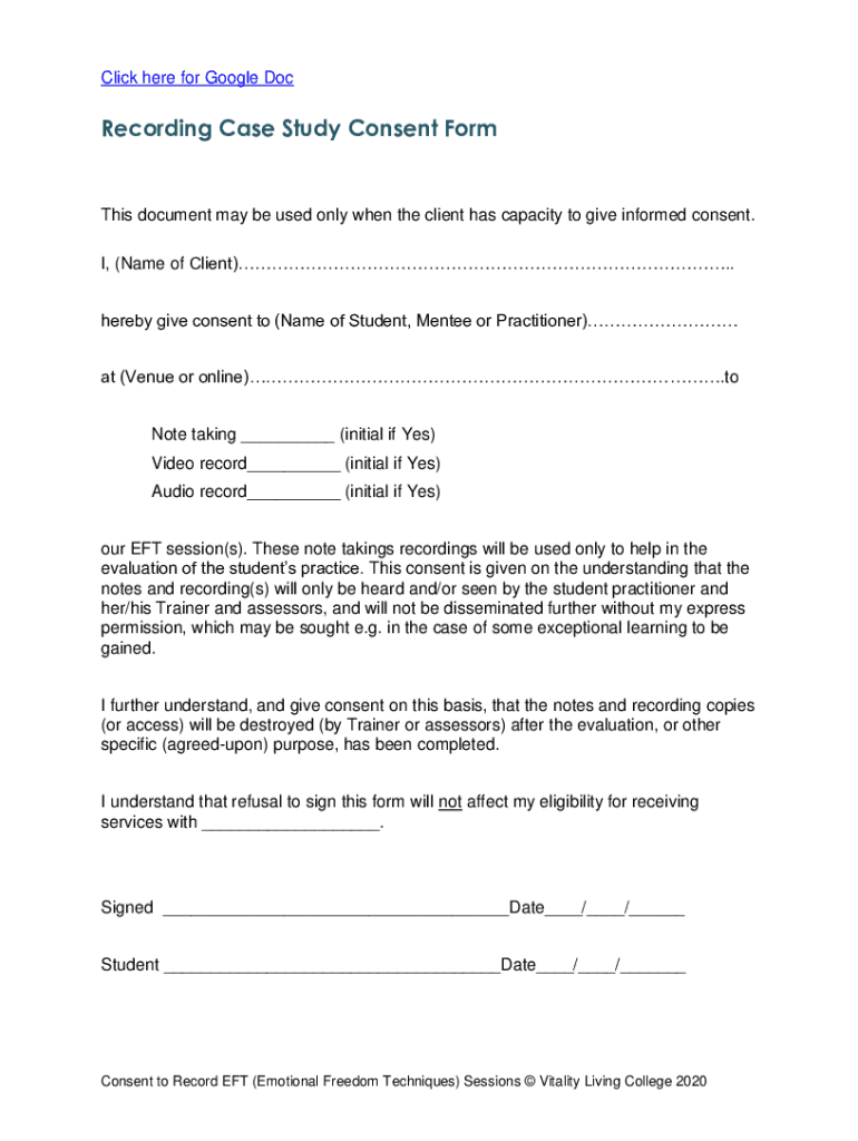 Fillable Online Recording Case Study Consent Form Fax Email Print ...