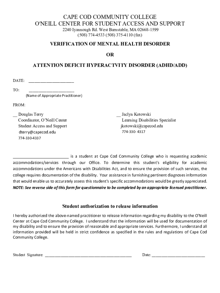 Fillable Online Verification of Mental Health Disorder or ADHD form ...