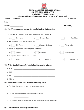 HOLIDAY HOMEWORK COMPUTER WORKSHEET CLASS III ... Doc Template | pdfFiller