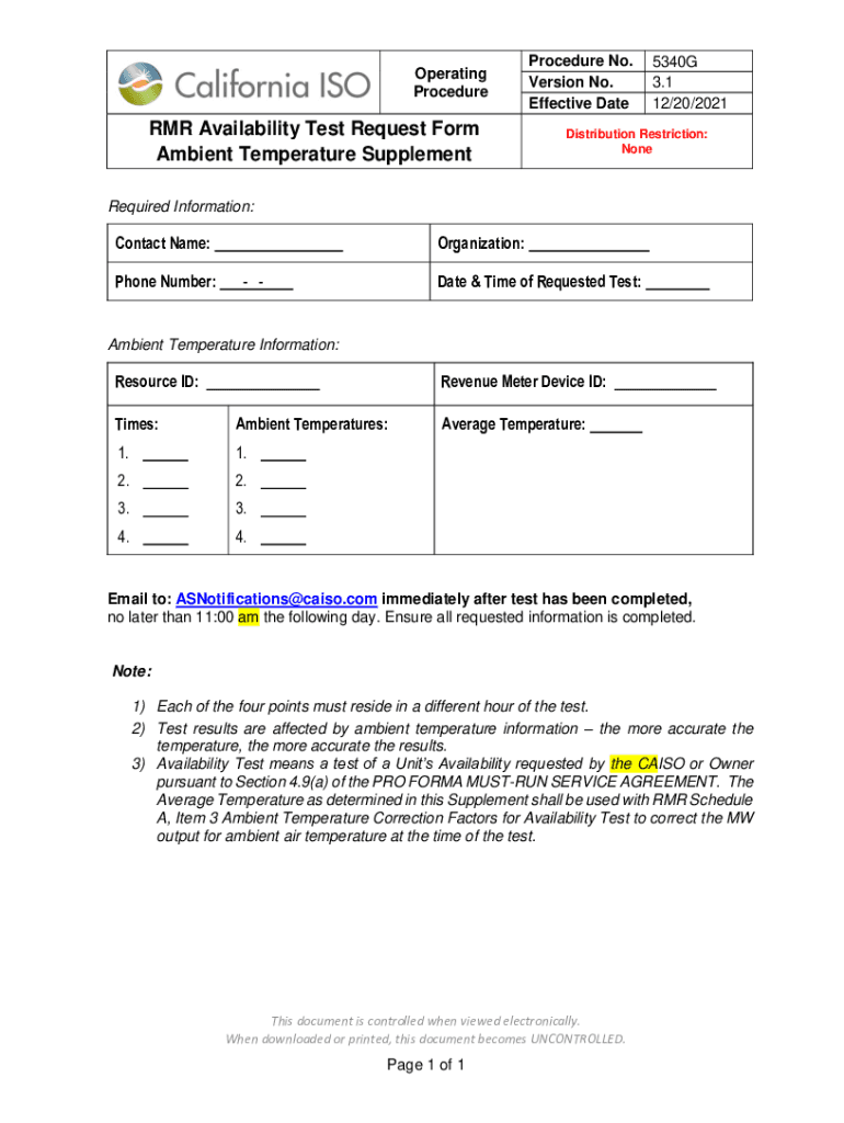 Fillable Online RMR Test Request Form Availability Test Ambient ...