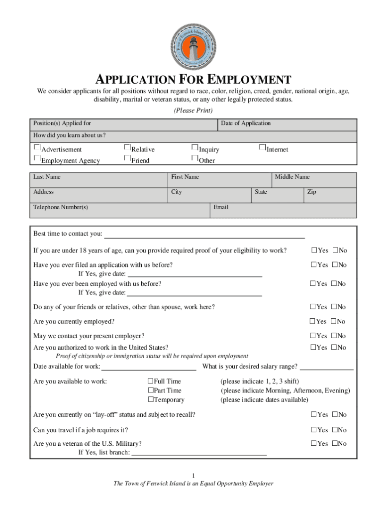 Fillable Online APPLICATION FOR EMPLOYMENT - Fenwick Island Fax Email Print - pdfFiller