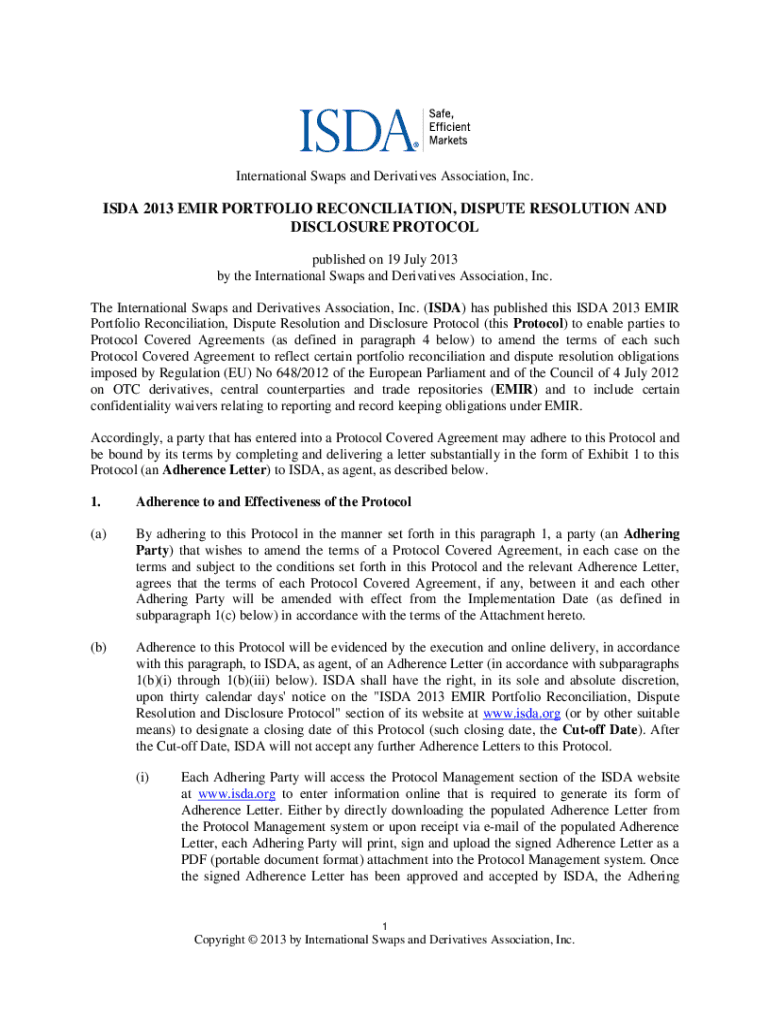 Fillable Online ISDA 2013 EMIR Port Rec, Dispute Res and Disclosure ...