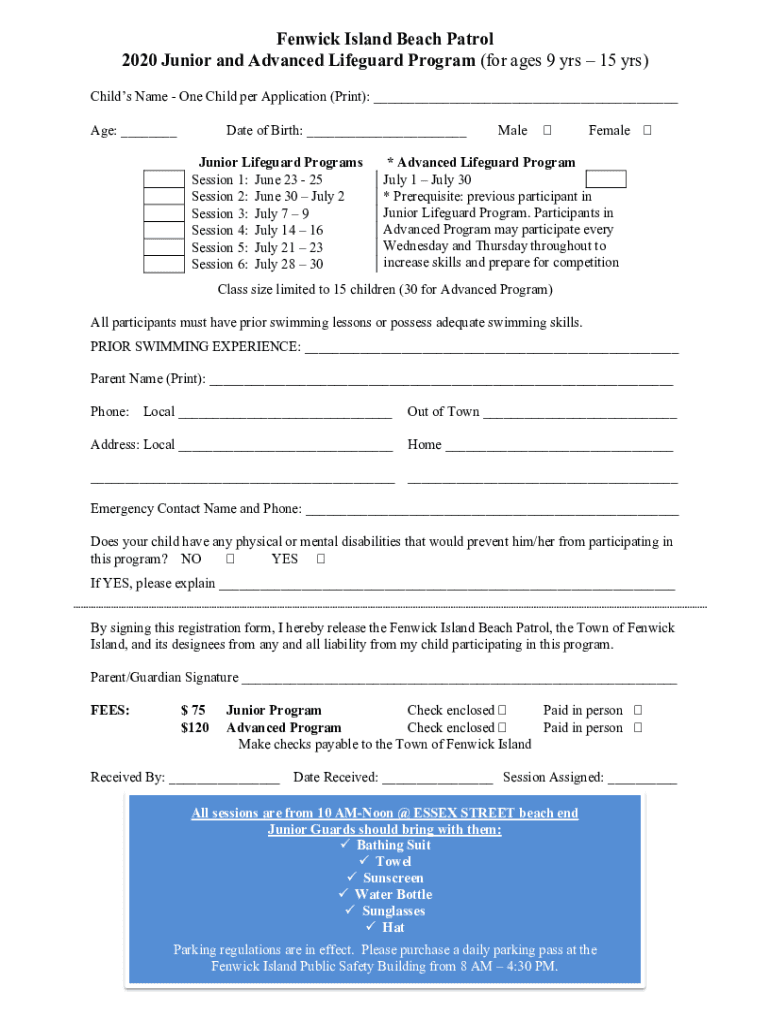 Fillable Online 2020 Junior and Advanced Lifeguard Program (for ages 9 ...