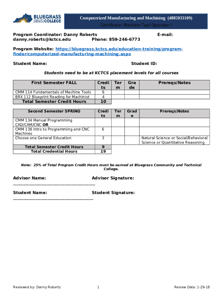 Exploratory Machining I Certificate - KCTCS Doc Template | pdfFiller