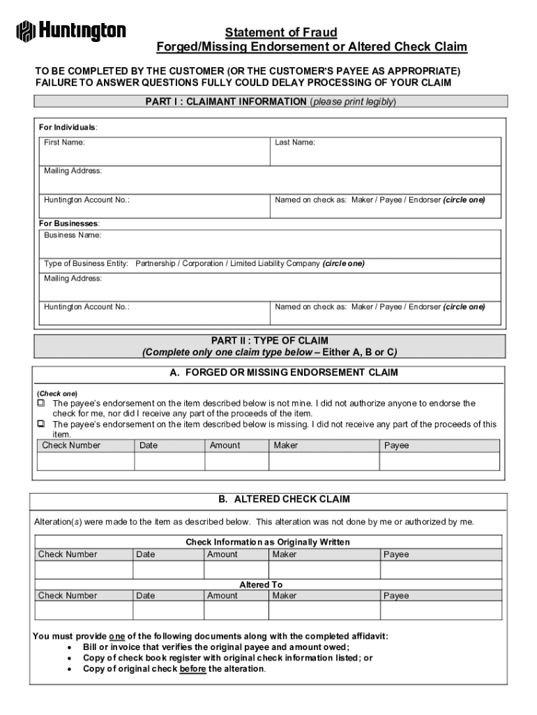 Fillable Online Claim On Forged Unauthorized Altered Check Declaration ...