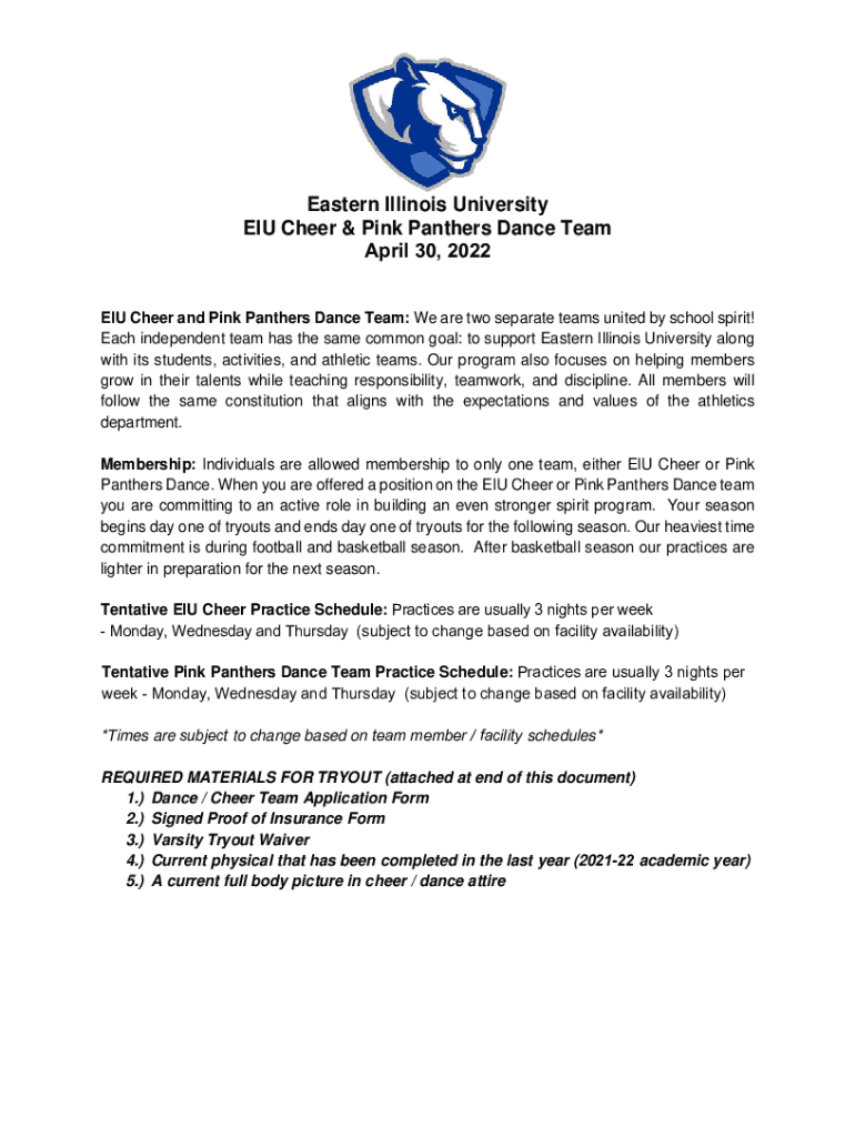 Fillable Online Eastern Illinois University EIU Cheer & Pink Panthers Dance Team ... Fax Email ...
