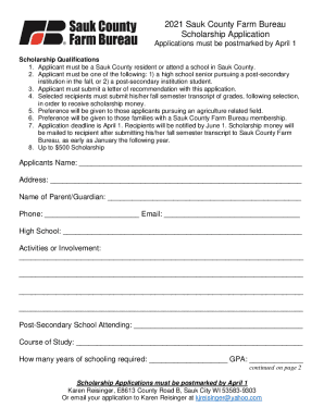 Fillable Online 2021 Sauk County Farm Bureau Scholarship Application Fax Email Print - pdfFiller