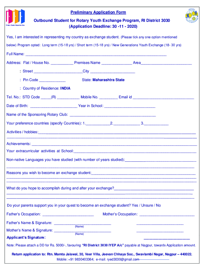 Fillable Online Preliminary Application Form Outbound Student for Rotary ... Fax Email Print ...