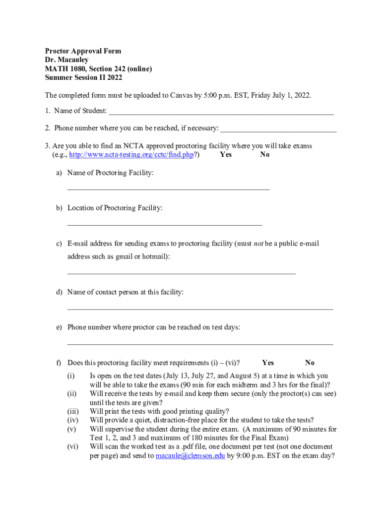Fillable Online Proctor Approval Form Dr. Macauley MATH 1080, Section 242 ( ... Fax Email Print ...