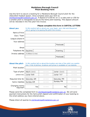Fillable Online maidstone gov Maidstone Borough Council Pitch Booking Form Season 20/21 Fax ...